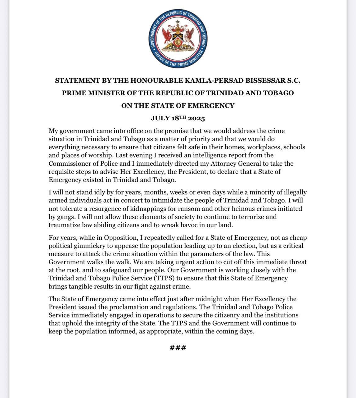 Trinidad and Tobago PM on state of emergency, safety issues [statement ...